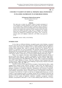 CONSTRUCT VALIDITY OF CRITICAL THINKING SKILL INSTRUMENT IN TEACHING MATHEMATIC IN JUNIOR HIGH ...